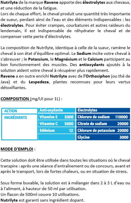 Electrolytes cheval Nutrilyte 500 ml - Ravene - RAVENE - Compléments ...